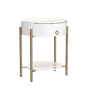 OIOG Modern End Table with Storage Drawer, Round 2-Tier Nightstand with Shelf, Gold Side Table with Metal Legs for Living Room, Bedroom, Office, Marbling Natural Stone/Gold