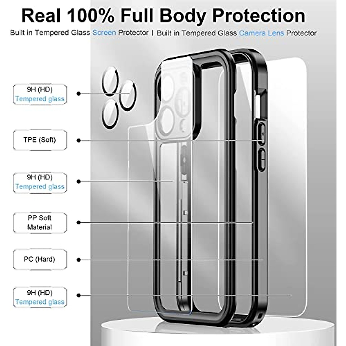 Temdan for iPhone 14 Pro Max Case Waterproof,Built-in 9H Tempered Glass Screen Protector [IP68 Underwater][14FT Military Dropproof][Dustproof][Real 360] Full Body Shockproof Phone Case-Black/Clear