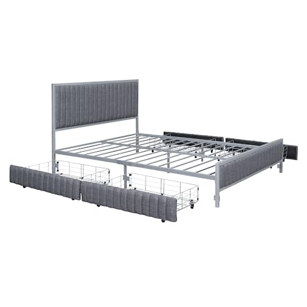 WADRI Modern Queen Size Metal Frame Upholstered Bed with 4 Drawers, Linen Fabric Platform Bed with Upholstered Headboard, Storage Platform Bed for Kids Teens Bedroom (Gray + Linen-N32)