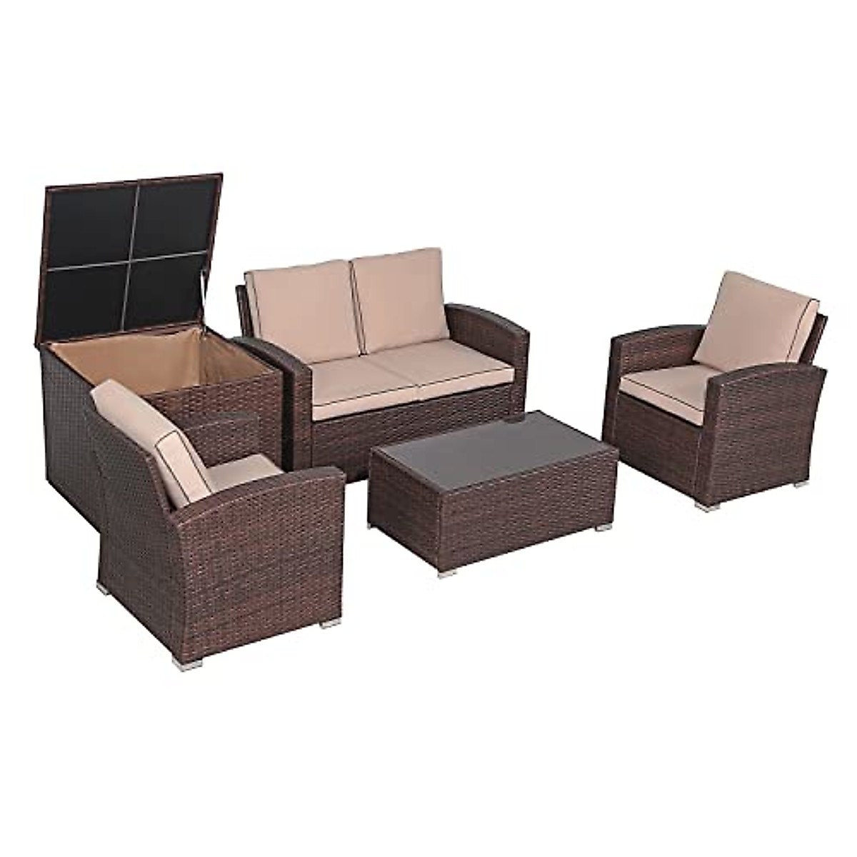 JOIVI PE Wicker Patio Furniture Set, 5 Piece Outdoor Sectional Conversation Sofa Set with Storage Box, Brown Rattan Loveseat Couch Sofa and Tempered Glass Table, Beige Cushions