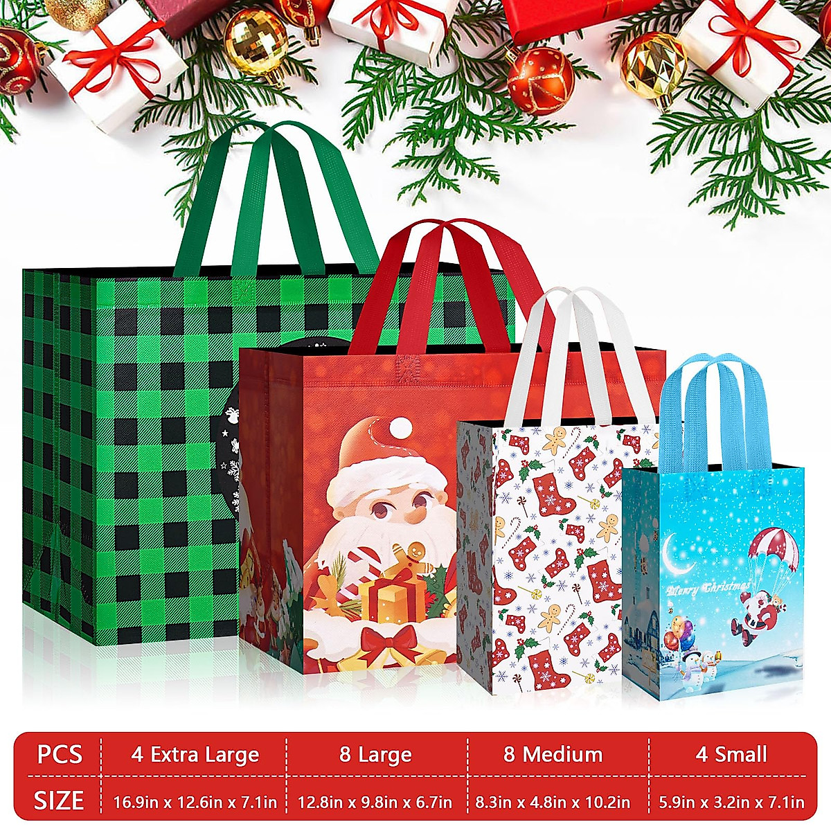 24 Pack Christmas Gift Bags Assorted Sizes with Handle, Reusable Tote Gift Bags Includes 4 Extra Large, 8 Large, 8 Medium, 4 Small, Non-Woven Christmas Bags for Gifts Xmas Party Holiday Favors