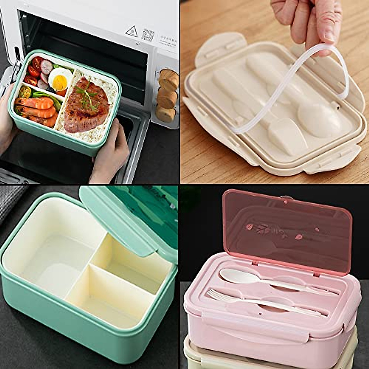 BIUWING Bento Lunch Box for adults 1400ml With Utensils, Insulated Lunch Bag Suitable for dining out 3-grid leak proof lunch box (Pink)