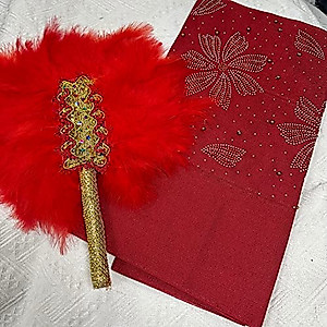 Msbfea RED Feather Fan with ASO Oke Headtie Matching for Ladies Wedding Party Nigerian Style Fan Design African - ASO Fan Color 286