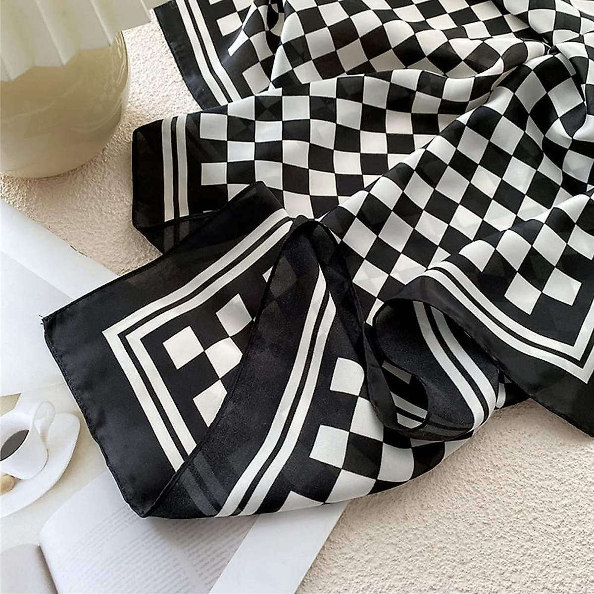 NaSoPerfect 27 inch Silk Feeling Scarf Square Satin Head Scarf Fashion Checkerboard Print Neck Scarfs for Women Black and White