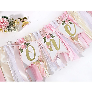 Pink and Gold High Chair Banner- Floral and Butterfly One Highchair Banner, 1st Birthday Party Decoration for Girls, Pink 1st Birthday Decor