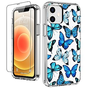 LUHOURI Designed for iPhone 12 Mini Case with Screen Protector - Slim Fit, Sturdy Clear Acrylic Cover for Women and Girls - Protective Phone Case 5.4" - Floral Blue Butterflies