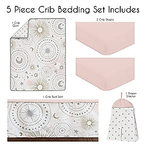 Sweet Jojo Designs Blush Pink Gold Star and Moon Girl Baby Crib Bedding Set for Infant Nursery Room Quilt, Fitted Sheet, Skirt, Diaper Stacker - 5pc - Grey Celestial Sky Stars Gray Shabby Chic