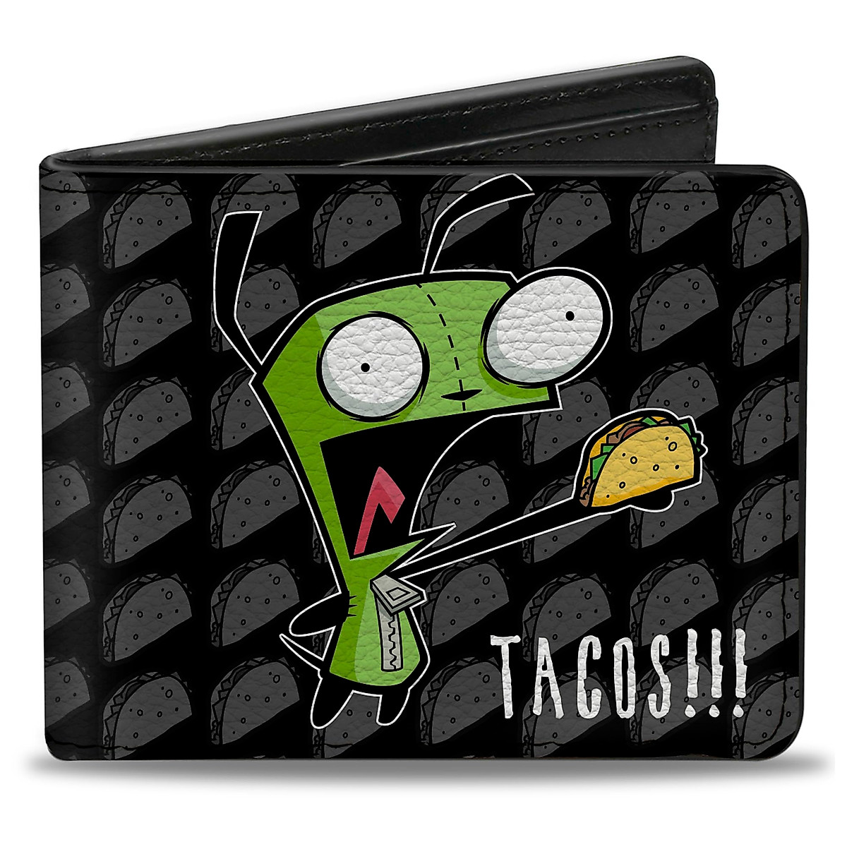 Buckle-Down Nickelodeon Wallet, Bifold, Invader Zim GIR Tacos Pose Taco Monogram Black Gray, Vegan Leather