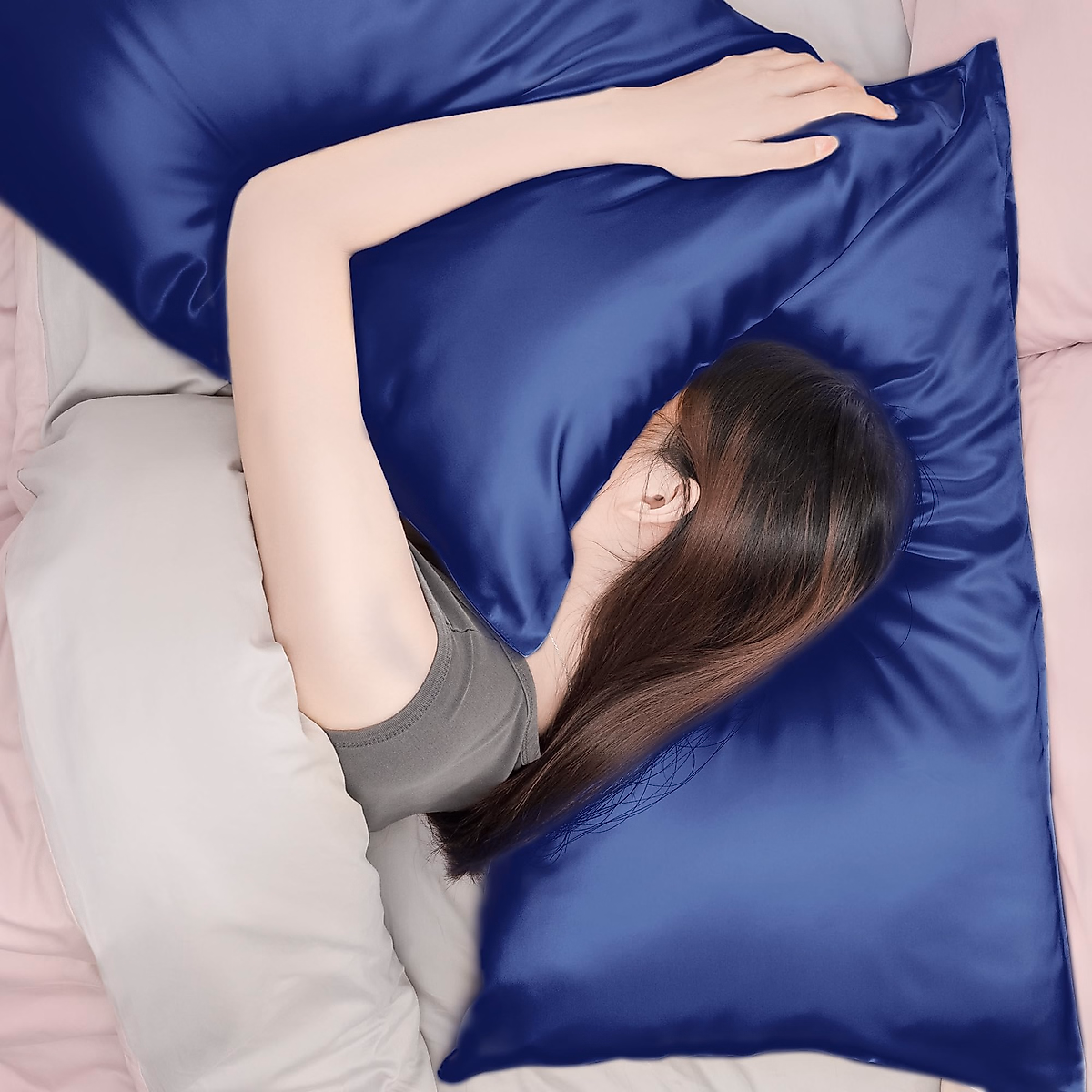 EXQ Home Silky Satin Pillowcase for Hair and Skin,Soft Cooling Pillow Cases Queen Size Set of 2 Satin Pillow Case with Envelope Closure Navy Blue (Queen,20x30 inch)