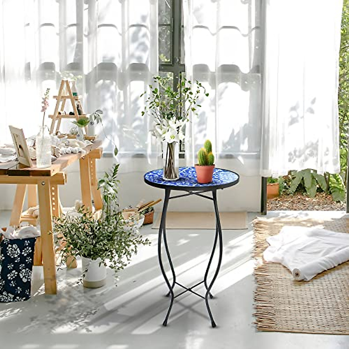 Patio Side Table Outdoor Mosaic Table Accent Coffee Table,Plant End Table Small Porch Blue-White Table Indoor,Round Glass Balcony Small Porch Plant Table Stands for Garden Patio Living Room 14 Inch
