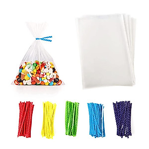 Newkita 100PCS Small Cellophane Bags, 5x7 Clear Gift Rice Crispy Candy Cake Pop Party Favor Bags with 4’’ Ties Christmas Thanksgiving Halloween Treat bags