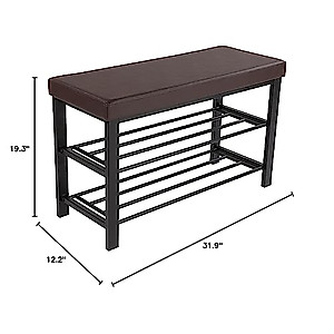 SONGMICS Shoe Bench, 3-Tier Shoe Rack for Entryway, Storage Organizer with Foam Padded Seat, Faux Leather, Metal Frame, for Living Room, Hallway, 12.2 x 31.9 x 19.3 Inches, Brown ULBS58Z