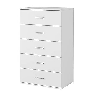 TTVIEW 5 Drawer Dresser Chest, Freestanding Dresser Storage Tower with Metal Handles, White Storage Cabinet for Living Room, Kitchen, Entryway, Closet