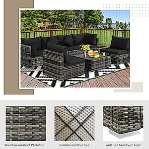 PATIOJOY 7-Piece Patio Furniture Set, Outdoor Sectional PE Rattan Sofa Set with Cushions and Tempered Glass Coffee Table, All-Weather Conversation Set for Backyard (Black)