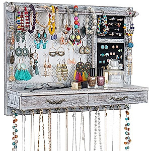 Dhmkfly Jewelry Wall Organizer Wall Mounted, Jewelry Hanger Display Rack Earring with Drawers, for Earring/Stud/Ring/Necklace/Bracelets Accessories Bangles Holder Girls Gift (White)