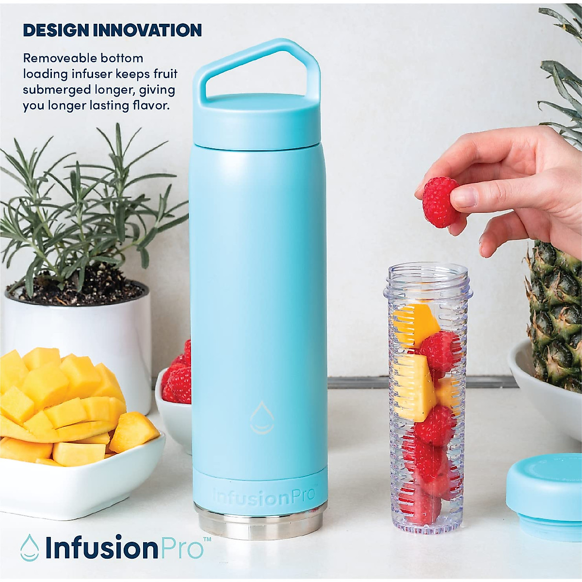 Infusion Pro Fruit Infuser Water Bottle Vacuum Insulated (20 oz) Stainless Steel : Fruit Infusion Recipe eBook : Bottom Loading Water Infuser for More Flavor : Easy Cleaning : Great Gift Water Bottle