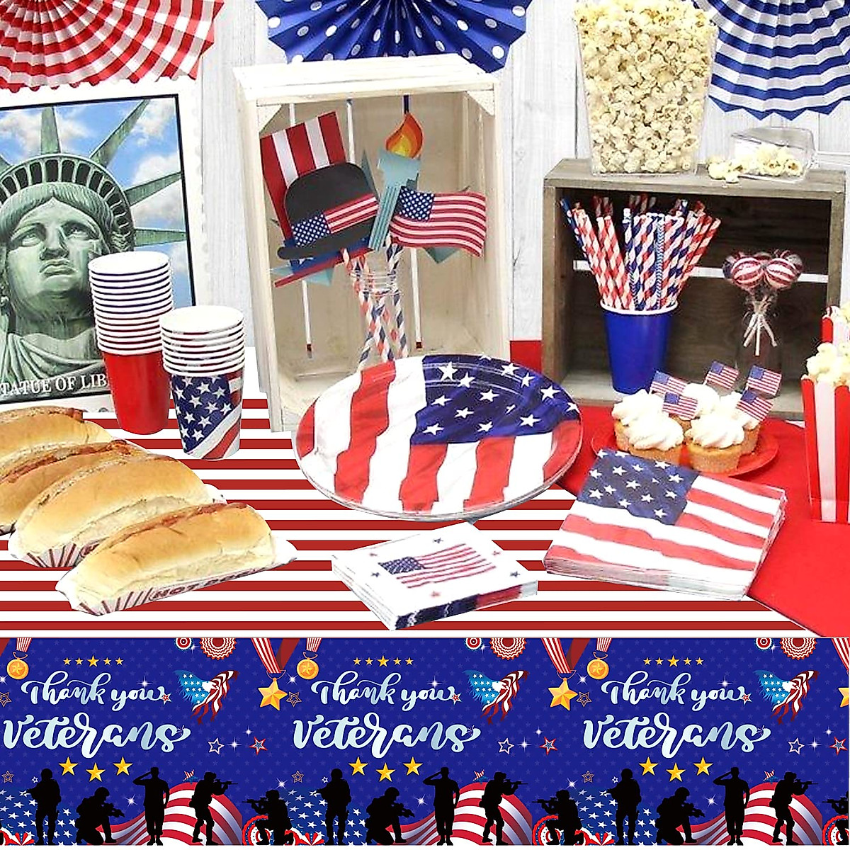 tineit 3 Pieces Veterans Day Decorations Tablecloth,Thank You Veterans Tablecover American Flag Patriotic Soldier Veterans Day Table Decorations, Happy Veterans Day TableCover 54 x 108 Inch