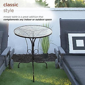 Alpine Corporation 18" Round Indoor/Outdoor Metal Decorative Table with Blue Mosaic Tile Top