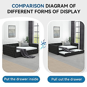 KINFFICT Velvet Full Daybed with Twin Trundle, Modern Upholstered Full Size Day Bed Button-Tufted Sofa Daybed Frame with A Roll-Out Trundle (Black)