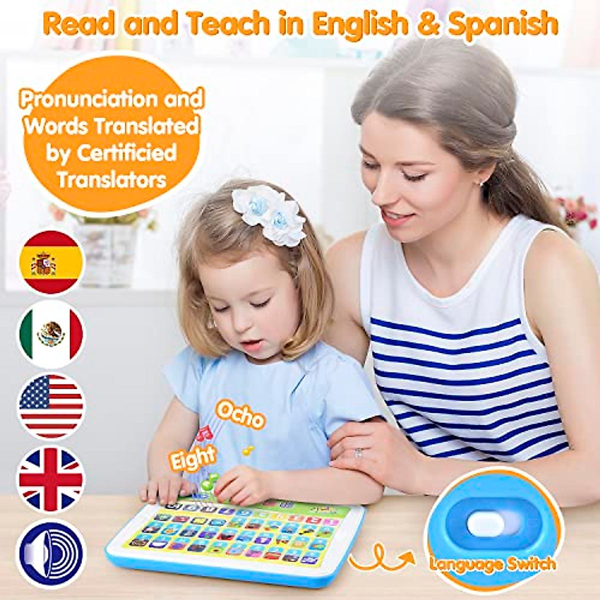 Bilingual Spanish & English Learning Toys for Toddlers 1-3, Kids Interactive Learning Tablet, Childrens Alphabet ABC / Words / Numbers / Colors Learning Pad, Education Toy for Babies 24 Month+