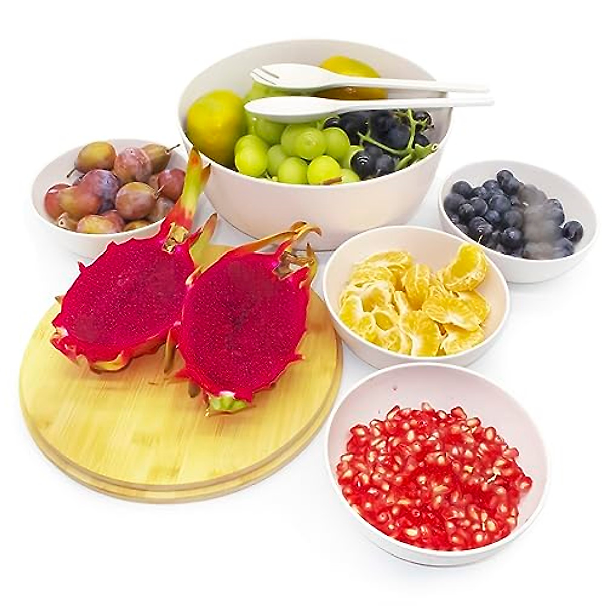 ECOWAY Large Salad Serving Bowl Set with Bamboo Lid & Servers, 9.84 Inch, Bamboo Fiber Salad Bowl with 4 Small Serving Bowls and Utensils for Mixing & Storage Salad, Vegetables, Pasta, Fruit (White)