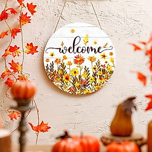 Thanksgiving Floral Door Sign Decor Hello Fall Front Door Sign Thanksgiving Floral Welcome Hanging Plaque Rustic Autumn Round Hanging Sign for Outdoor Porch Home Decoration