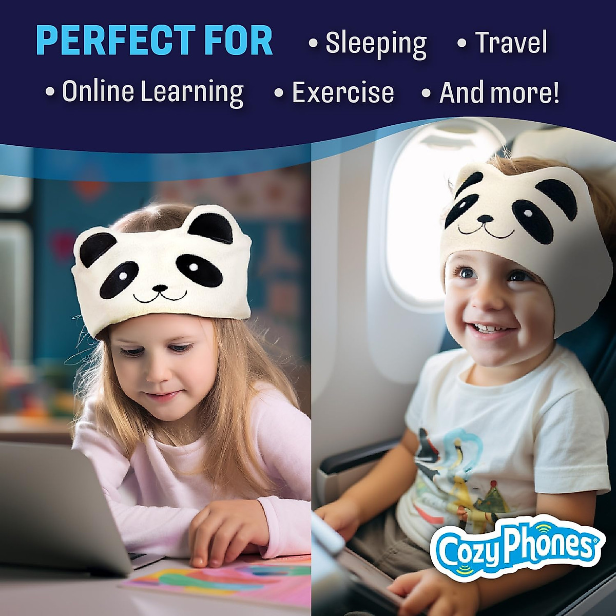 CozyPhones Over The Ear Headband Headphones - Kids Headphones Volume Limited with Thin Speakers & Super Soft Fleece Headband - Ivory Panda