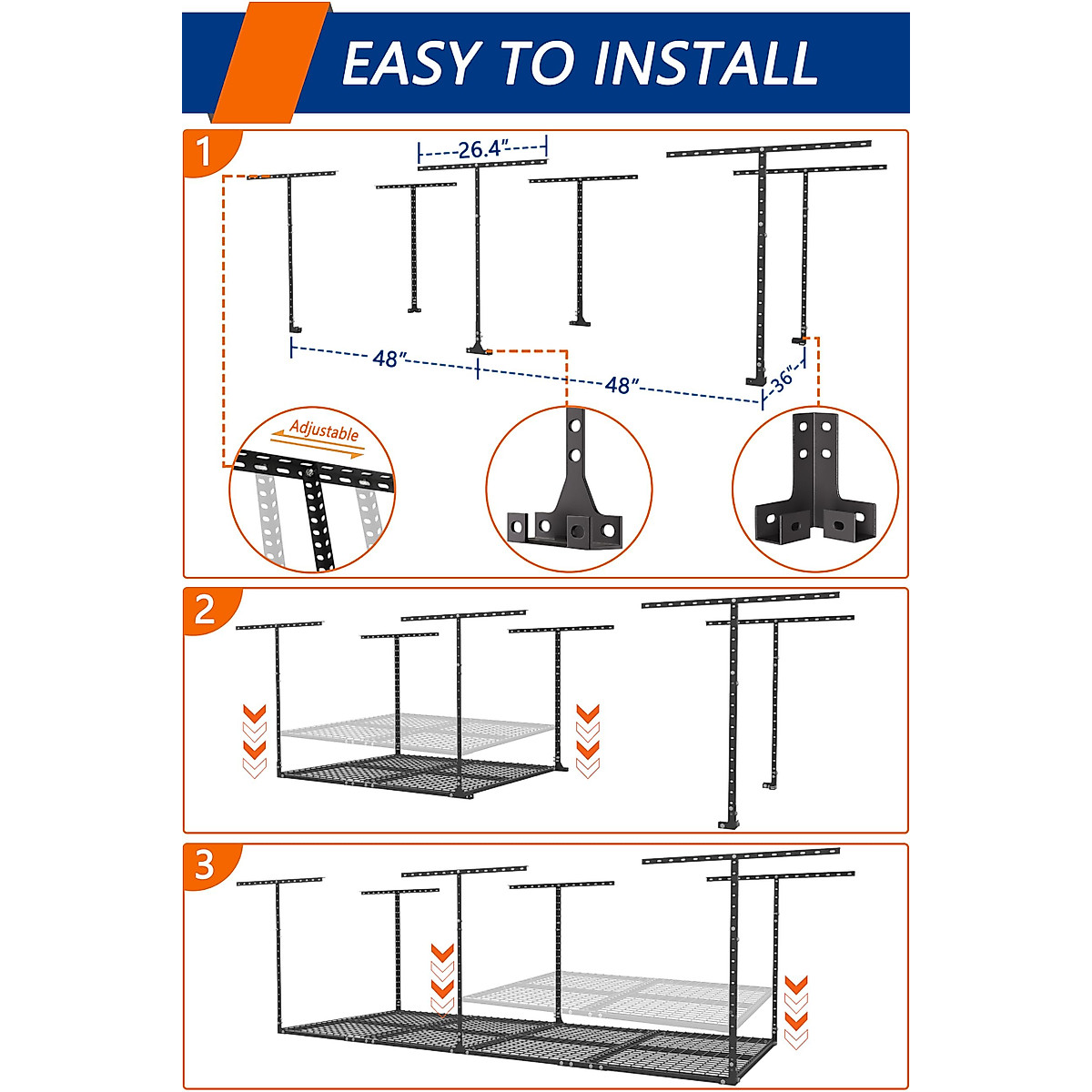 3 x 8FT Overhead Garage Storage Rack, Adjustable Ceiling Storage Racks, Garage Shelving Heavy Duty Storage Organizer System, 600lbs Weight Capacity (Black)