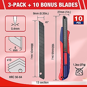 WORKPRO 2-In-1 Safety Utility Knife Retractable Snap-off blade, Metal Box Cutter Set, Razor Knife Exacto Craft Knives, with 10 Extra 9mm Blades, Pack of 3