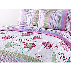 MarCielo 3 Piece Kids Bedspread Quilts Set Throw Blanket for Teens Girls Bed Printed Bedding Coverlet, Full Size, Purple Floral Striped (Full)