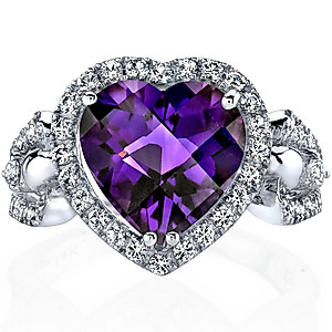 PEORA Amethyst Large Heart Halo Ring for Women 14K White Gold with White Topaz, Genuine Gemstone, 3 Carats 10mm, Size 6