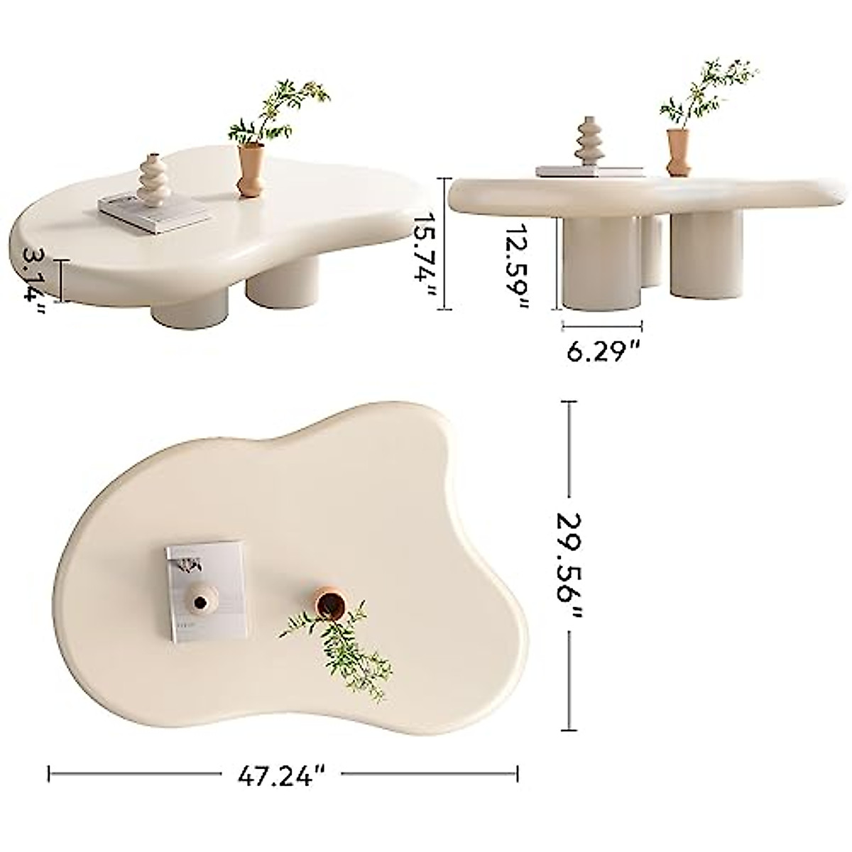 HOTICKME Cloud Coffee Table for Living Room, Cream Color Center Table, 47.24" Central Table with 3 Legs, Simple Style End Table