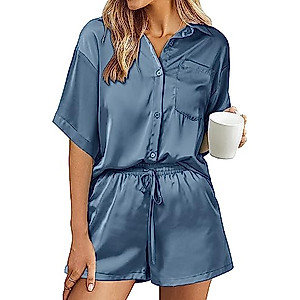 PRETTYGARDEN Women's 2 Piece Satin Pajama Sets Short Sleeve Button Down Tops And Shorts Set 2023 Summer Pjs Silk Sleepwear (Grey Blue,X-Large)