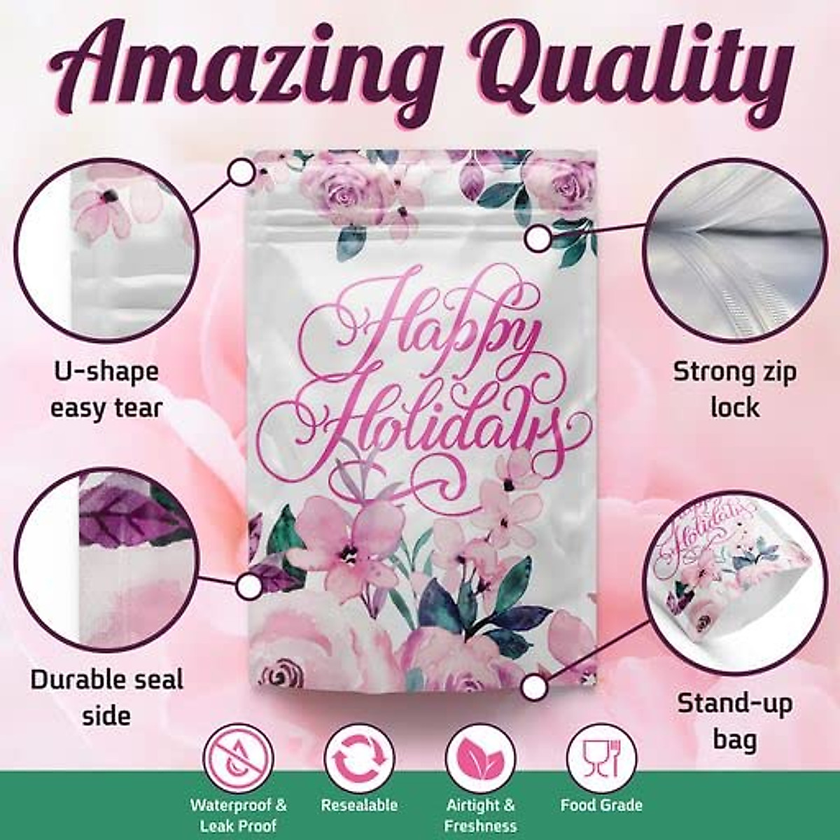 Resealable Standup Bags. Happy Holidays 20 Pk – Airtight, Waterproof, Zip Lock Seal and/or Heat Seal - Opaque Foil Pouch - Food Grade Bags For long shelf-life Storage (4x6, flowery)