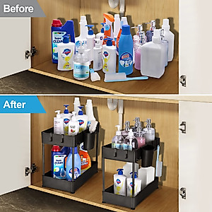 Spurtar 2 Pack Under Sink Organizers and Storage, 2 Tier Bathroom Under Cabinet Storage Multi-purpose Under Sink Storage Rack Bath Collection Baskets for Kitchen with 2 Cups and 12 Hooks, Black