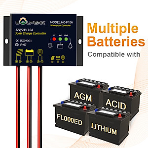 SOLPERK 10A Solar Charge Controller Waterproof Solar Panel Controller 12V/24V PWM Solar Panel Battery Intelligent Regulator for RV Boat car ，with LED Display