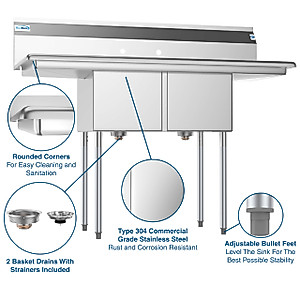 KoolMore - SB141611-12B3 2 Compartment Stainless Steel NSF Commercial Kitchen Prep & Utility Sink with 2 Drainboards - Bowl Size 14" x 16" x 11", Silver