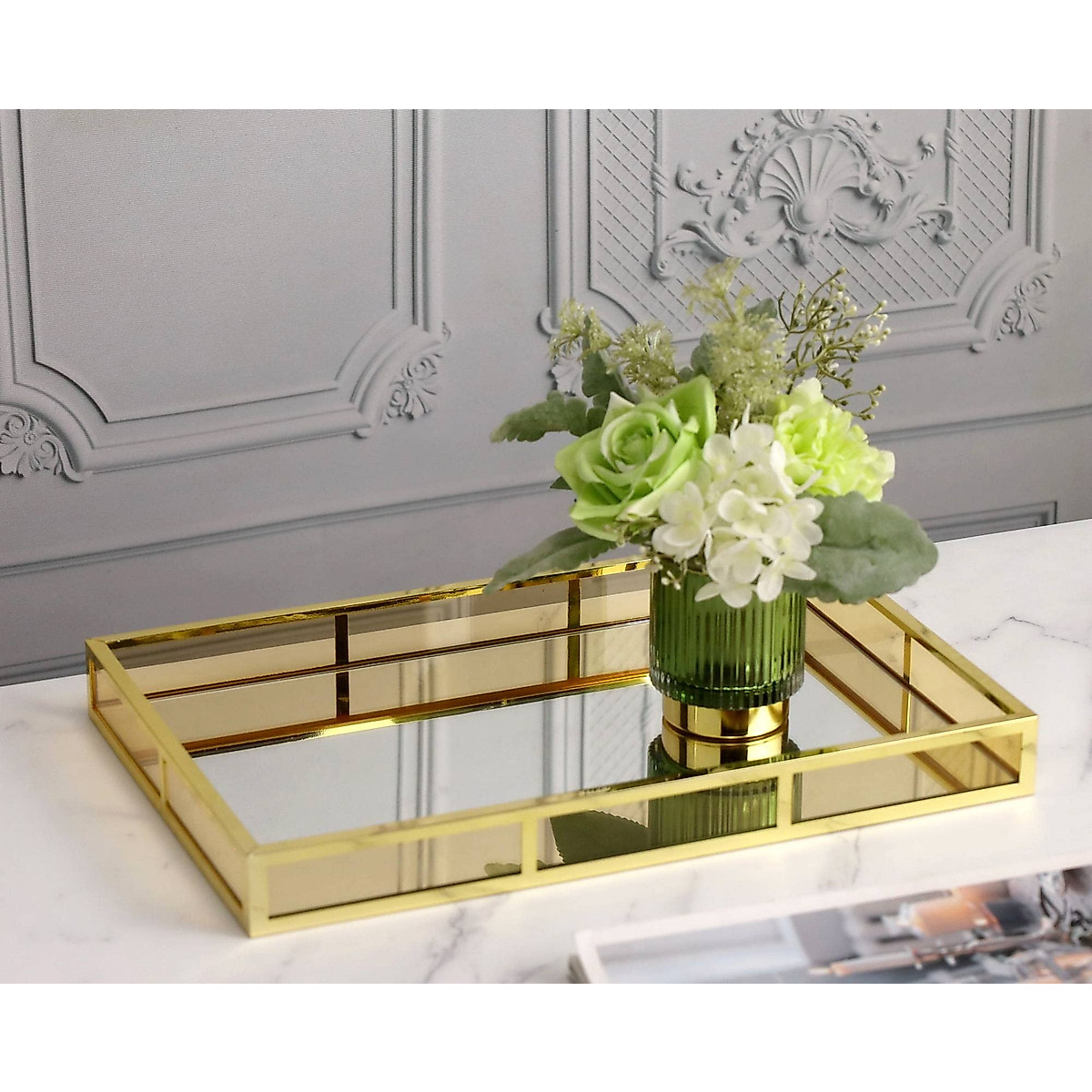 KEZNGUU Decorative Tray,14" Mother of Pearl Serving Tray,Moroccan Style Coffee Table Tray,Perfume Trays for Dresser,Gold Vanity Tray for Bathroom,Living Room,Bedroom,Ottoman,Nightstand,Office