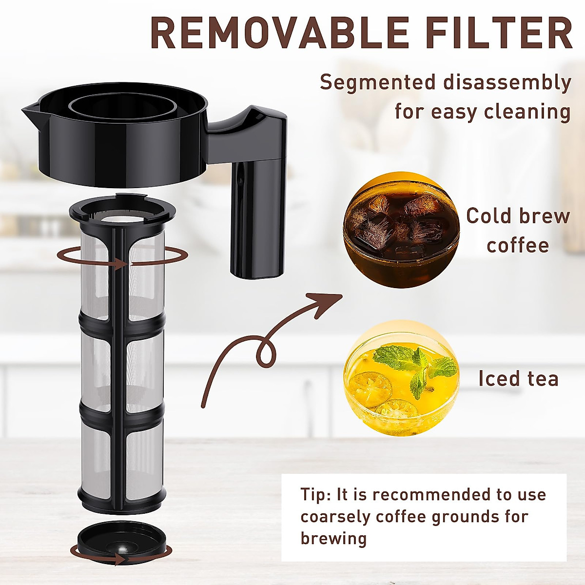 Cold Brew Coffee Maker Pitcher - 40 Oz Glass Ice Coffee Spout Jug with Filter for Iced Tea, Cold Brewed Coffee Maker, Black