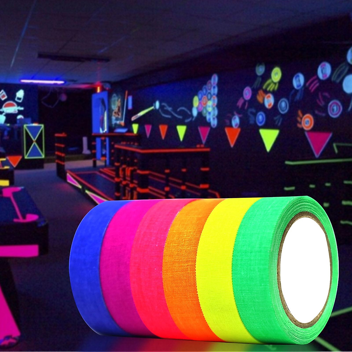 SIKEDEPRO Neon Gaffer Cloth Tape,6 Colors Black Light Tape Sets,Fluorescent UV Blacklight Glow in The Dark Tape for UV Party (0.6 inch x 16.5 feet)
