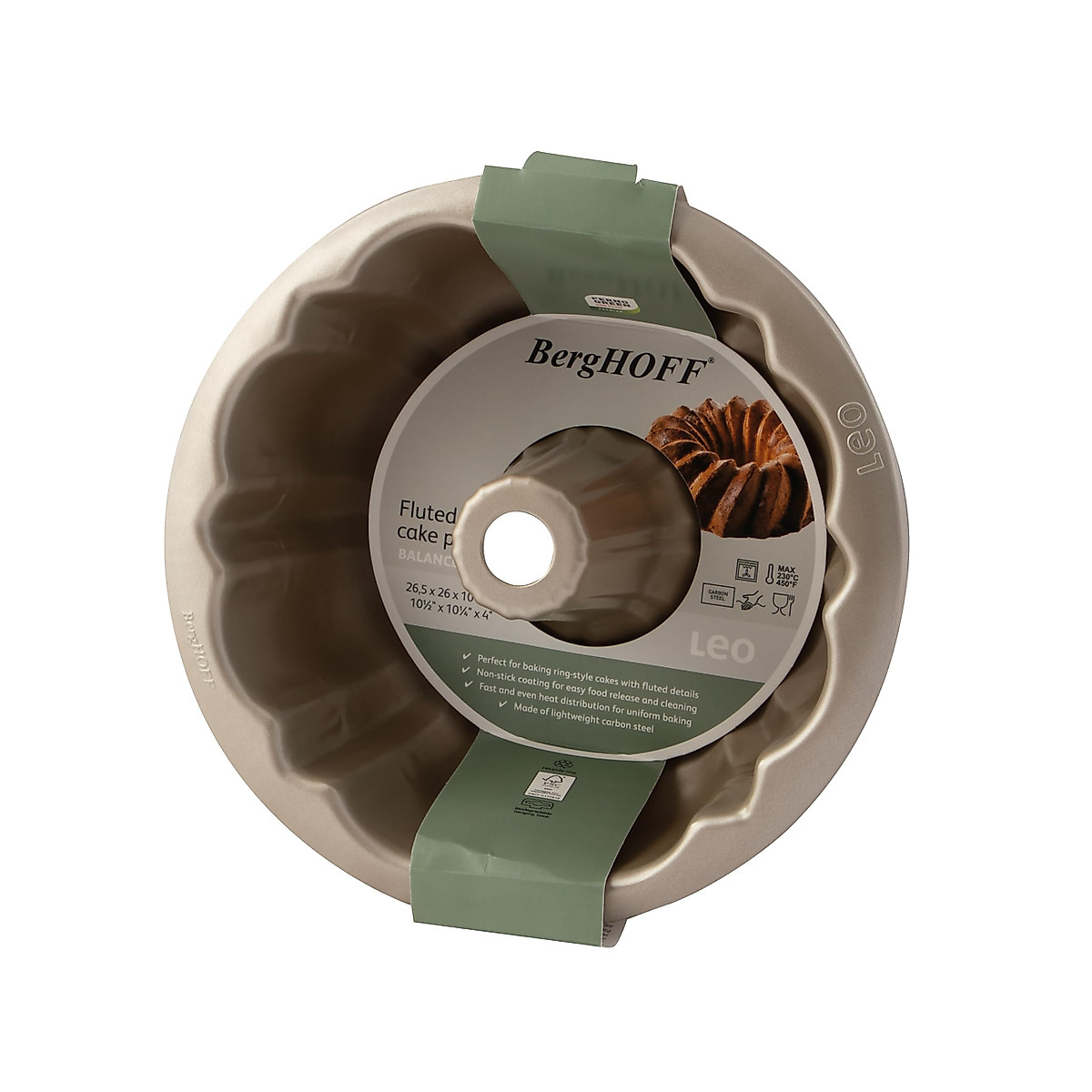 Berghoff Balance Nonstick Fluted/Bundt/Tube Cake Pan 10.25" x 10.25" x 4", Lightweight Carbon Steel, Ferno-Green, Non-toxic Coating Bakeware, Quick Release, Oven Safe Up To 450°F