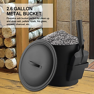 Fireplace Ash Bucket with Lid Shovel, Hand Broom and Gloves, 2.6 Gallon Charcoal Wood Fire Pits Burning Stoves, Coal/Large Pellet Metal Buckets/Hot Wood Carrier Pail Fire Pits Ash Can Cleaning Tools