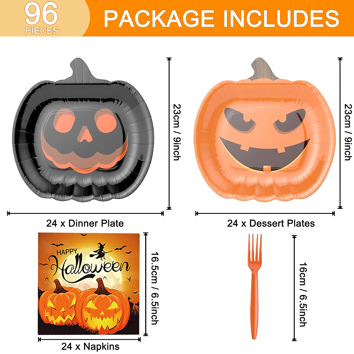 96 Pcs Halloween Pumpkin Paper Plates and Napkins Forks, Disposable Party Dessert Tableware Supplies Decorations Birthday Table Dinnerware Favors Set, Serves 24