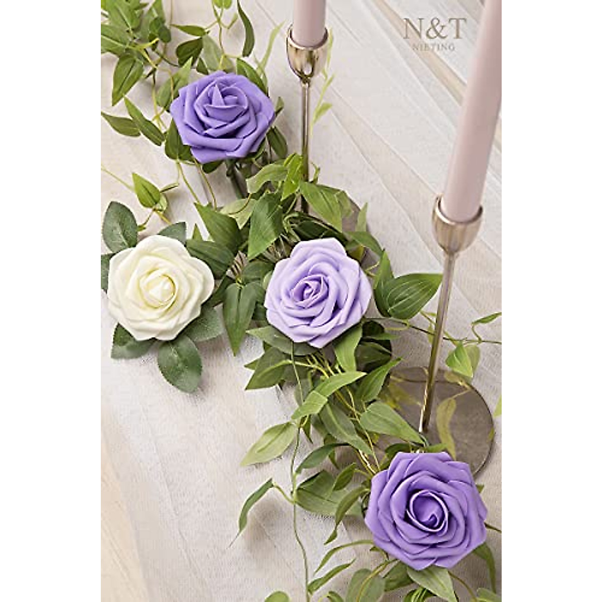N&T NIETING Purple Roses Artificial Flowers 25Pcs Fake Flowers Foam Roses with Stems for DIY Wedding Bridesmaid Bridal Bouquets Centerpieces Party Home Decoration Baby Shower, Series Purple