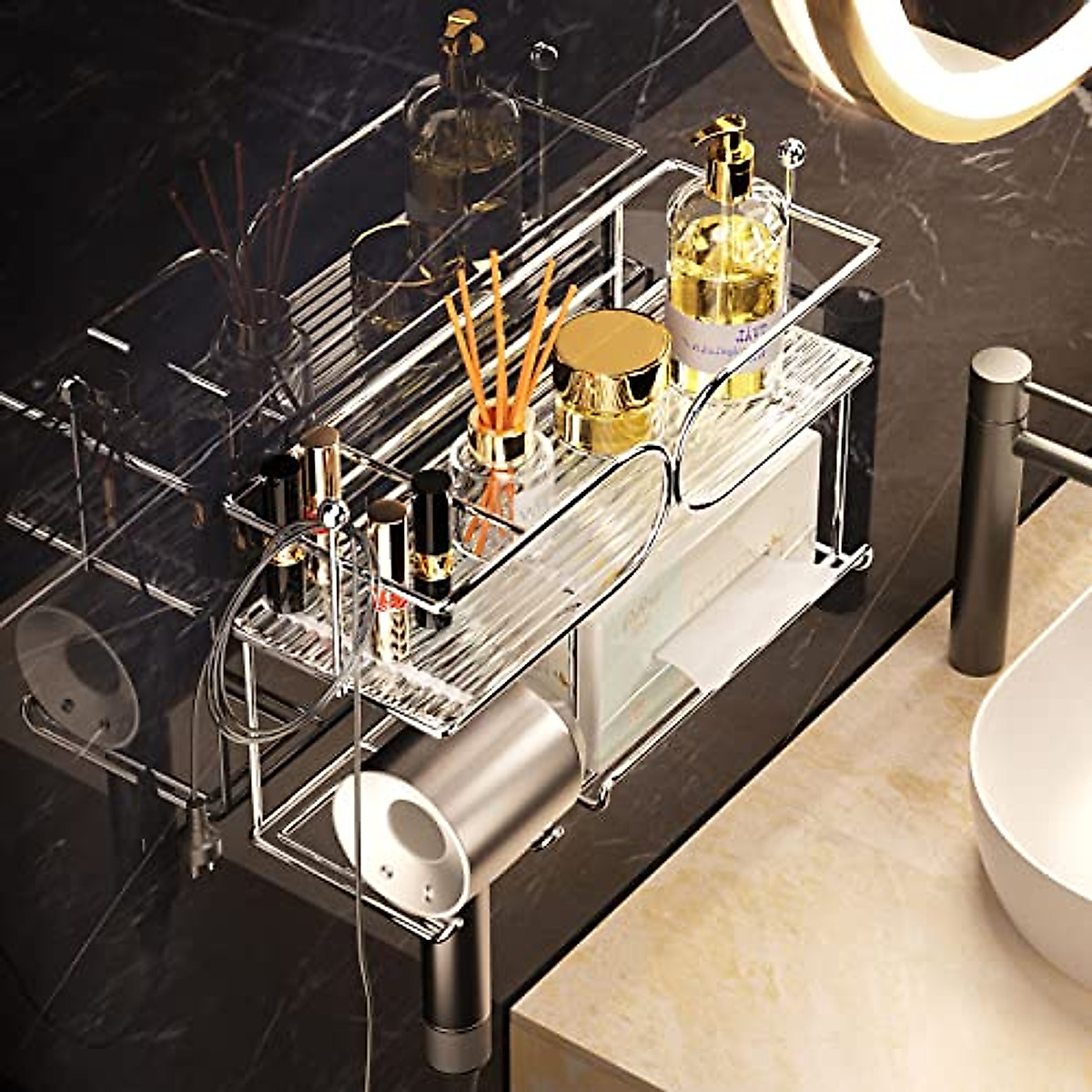 Acliys Bathroom Shelves Wall Mounted, Acrylic Hair Dryer Holder Tissue Box Holder, No Drilling Floating Shelves Bathroom Accessories for Blow Dryer Facial Tissues Cosmetics Toothbrush(Silver, Clear)