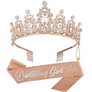 SuPoo Rose Gold Birthday Sash Birthday Crown for Women Crown with Comb Glitter Birthday Girls Sash Princess Birthday Decorations Birthday Tiara Party Decorations Birthday Gifts for Women Party Favor