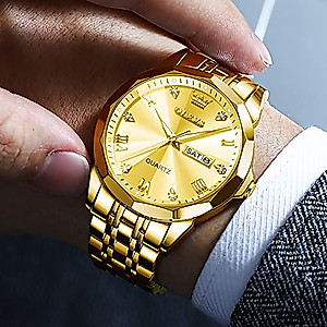 OLEVS Gold Watches for Men Diamond Business Dress Analog Quartz Stainless Steel Date Luxury Casual Fashion Wrist Watch Waterproof Luminous