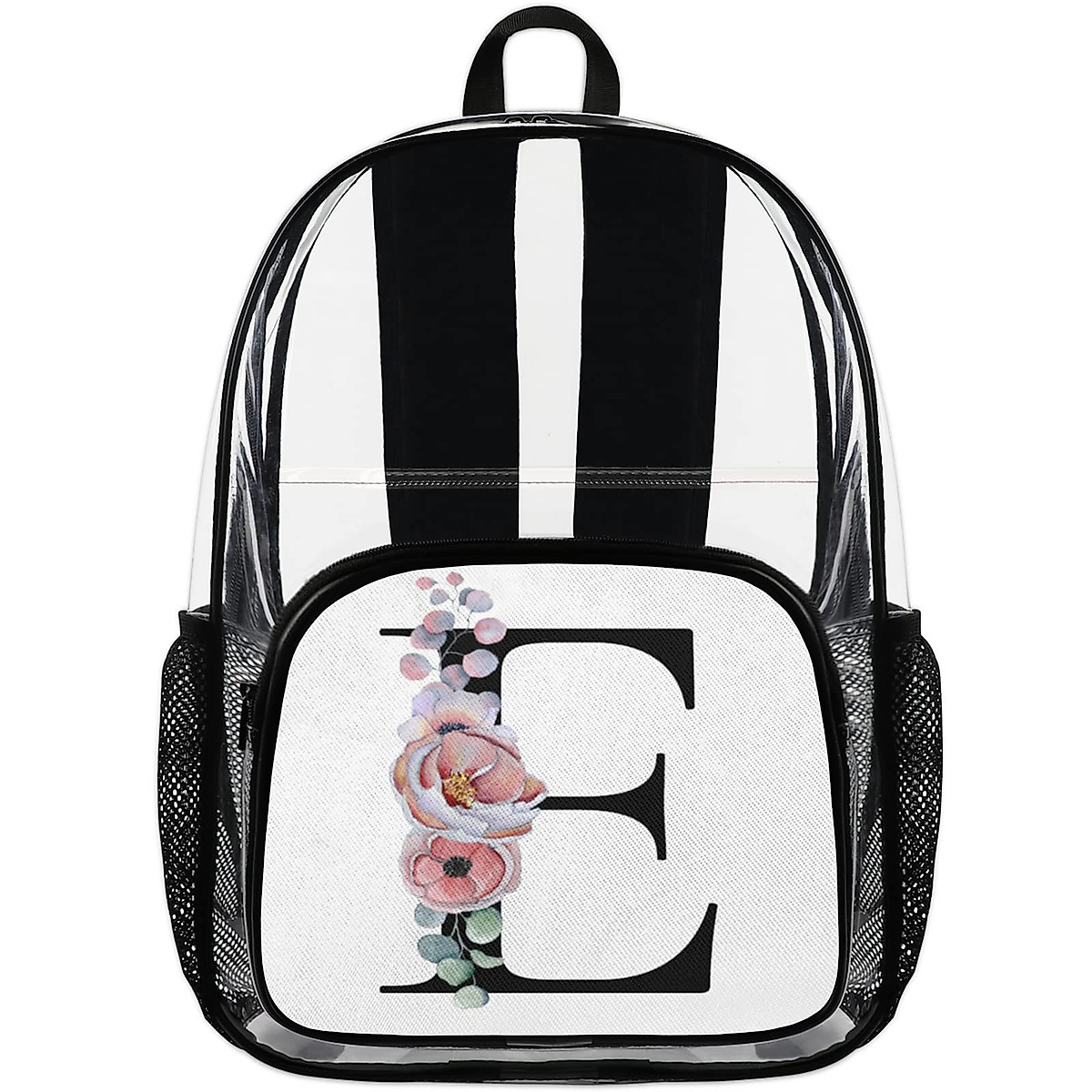Heavy Duty Clear Backpack Stadium Approved, Alphabet Monogram Floral E Letter PVC Transparent Backpack See Through Large Bookbag for Work School Travel College