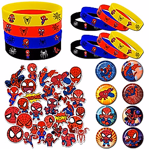 Spidey Birthday Party Supplies,80Pcs Spider Party Favors,Include 8pcs Button Pins,60pcs Stickers and 12pcs Barcelets for Kids