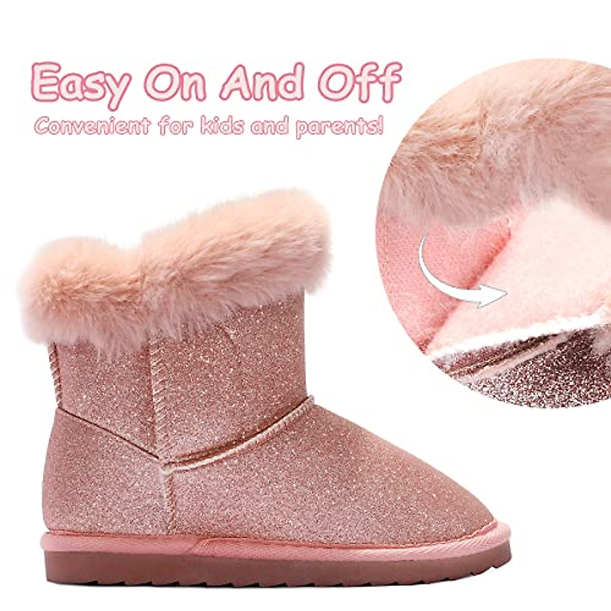 K KomForme Girls Snow Boots Warm Fur Lined Glitter Strap Winter Shoes Lightweight with Hook-and-loop(Toddler/Little Kids/Big Kids)
